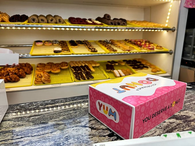Feast your eyes on this donut wonderland! It's like a treasure chest for your taste buds, no map required.