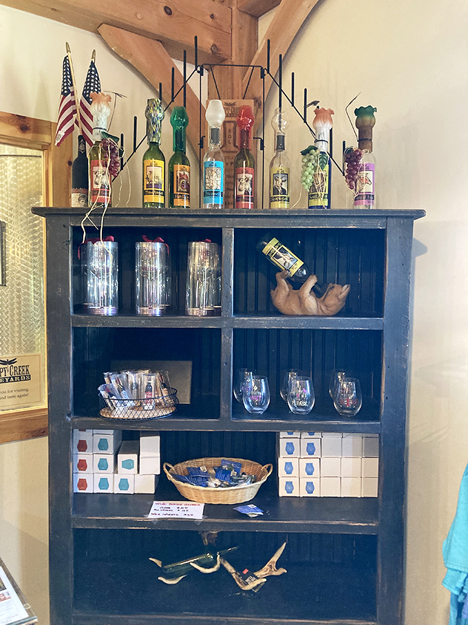 Whimsical wine shrine! This charming display is a testament to the fun and creativity flowing through Sleepy Creek. It's like Willy Wonka went into winemaking!