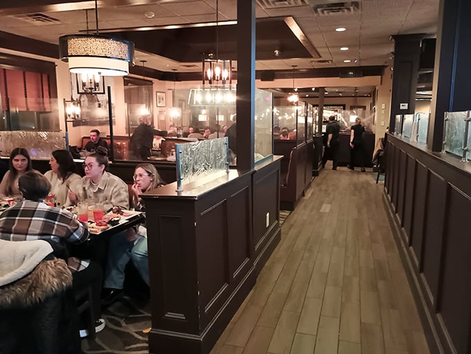 A bustling dining room where strangers become friends, united by their love for a good cut of beef.