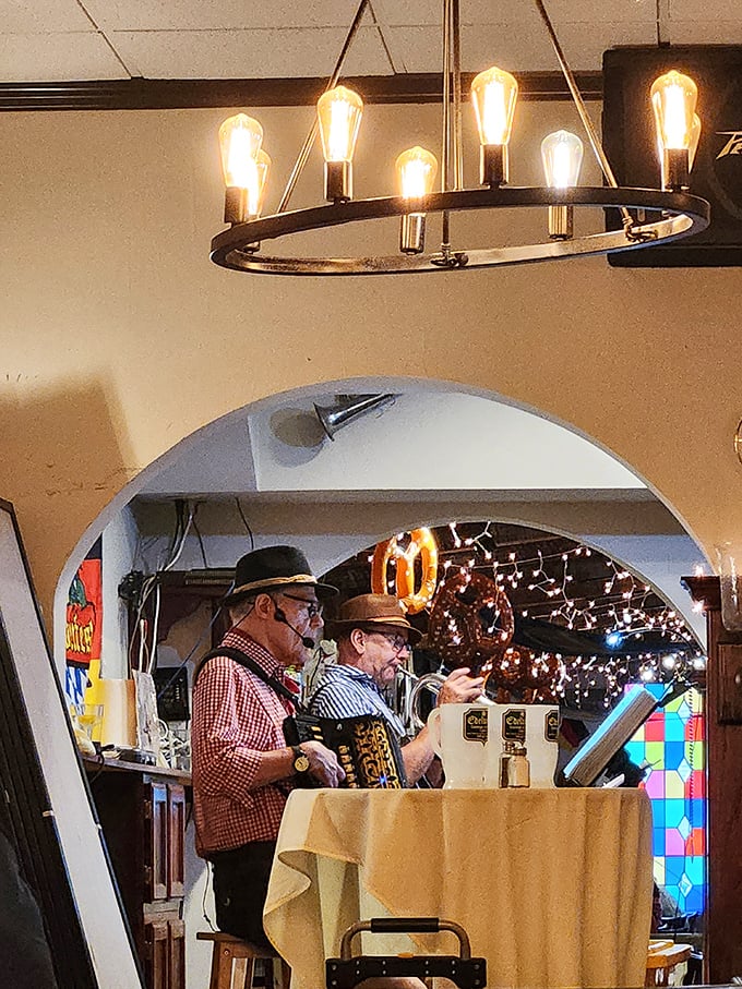 Oom-pah-pah your way to happiness! These lederhosen-clad musicians are serving up tunes as hearty as the menu.