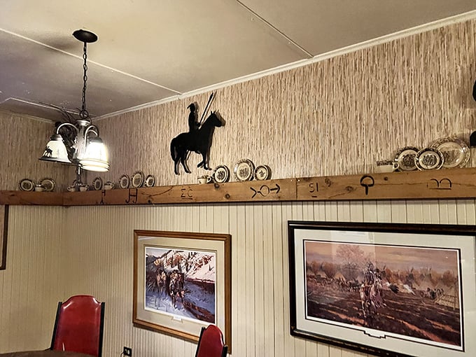 Cowboy chic meets grandma's living room. These walls could tell stories wilder than a rodeo bronco.