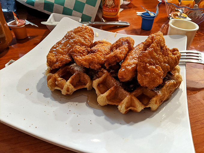 The ultimate morning mash-up! These chicken and waffles are the breakfast equivalent of a Reese's Peanut Butter Cup – two great tastes that taste great together.