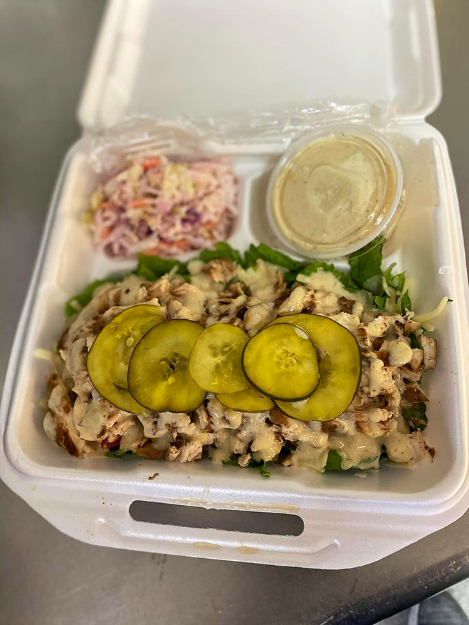 This isn't just a chicken salad, it's a flavor fiesta in a box. Crisp veggies, juicy chicken, and pickles that pack a punch!