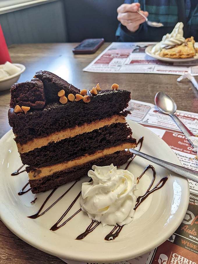A slice of chocolate heaven! This cake is so rich, it probably has its own offshore bank account.