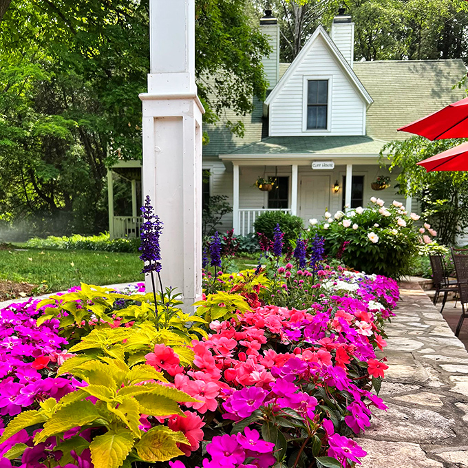 Blooming marvelous: A riot of colorful flowers greets guests, proving that Mother Nature is the inn's most talented landscaper.