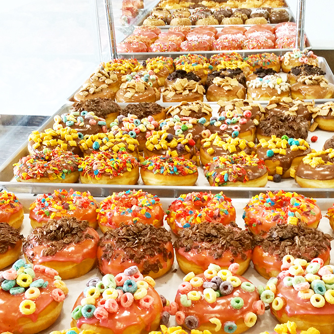 Donut nirvana achieved! This array of circular delights is like a edible color wheel of happiness. Taste the rainbow, indeed!