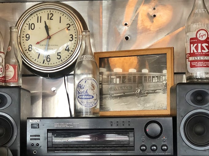 A clock that's always set to meal time, surrounded by vintage treasures. It's like a museum where you can eat the exhibits!