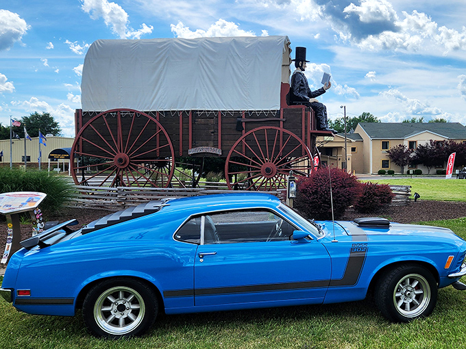 Classic car meets classic president in a clash of eras. It's like "Back to the Future" took a detour through the 1860s!