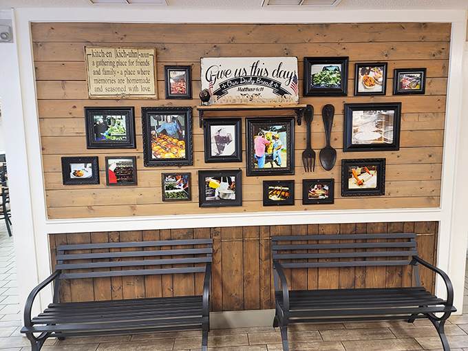 A wall that tells a thousand delicious stories. Buckner's decor is a heartwarming blend of family history and foodie fever dreams.