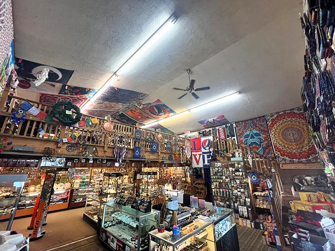 A bazaar of the bizarre and beautiful. Every nook and cranny tells a story, from the dreamcatchers above to the crystals below.