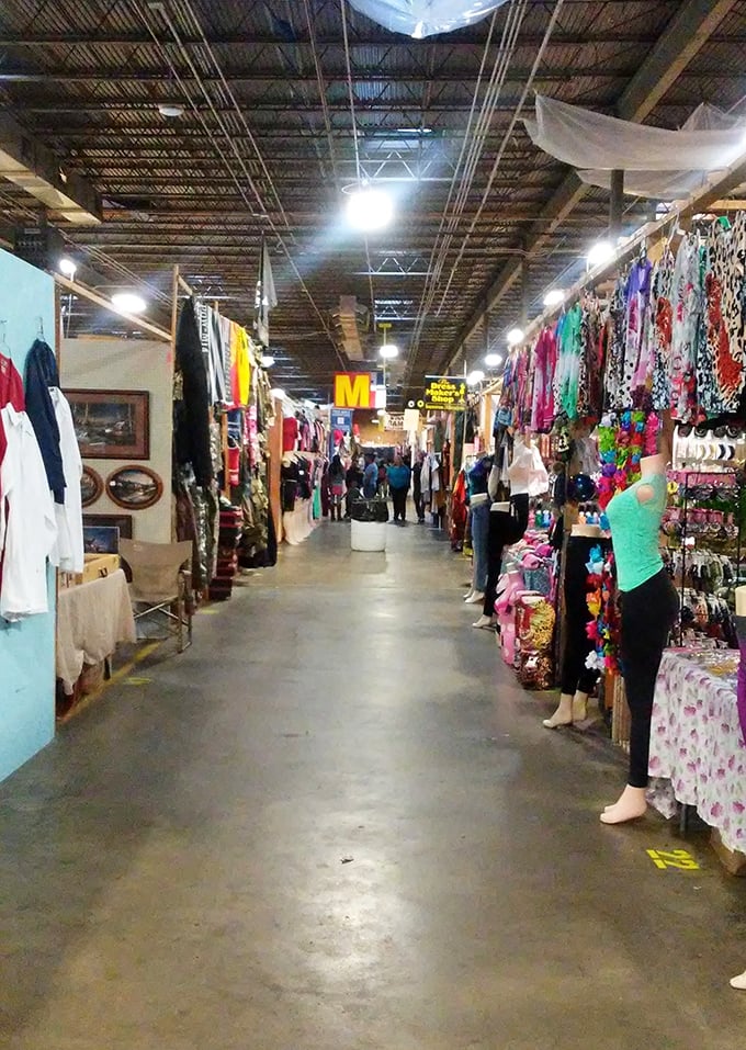 Down the rabbit hole we go! This flea market aisle promises adventures in Wonderland for the curious shopper.