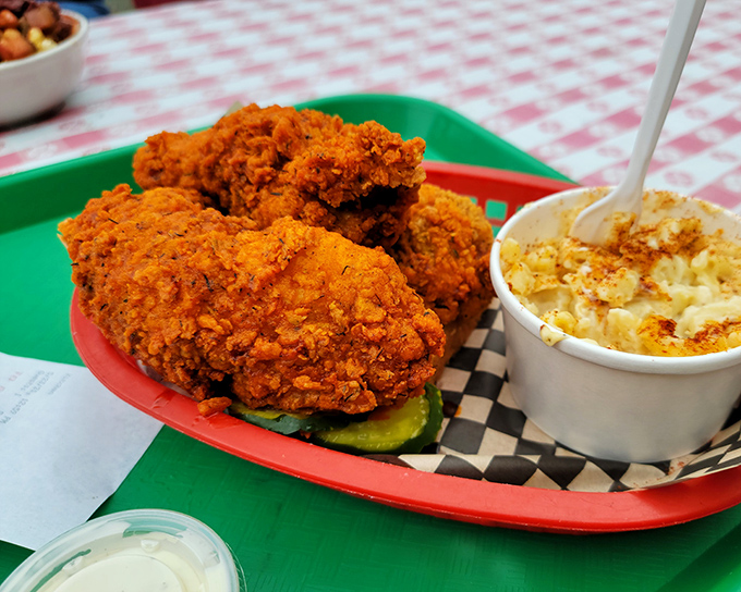 A plate of golden-brown glory. This chicken isn't just fried, it's been elevated to an art form that would make Colonel Sanders weep with joy.