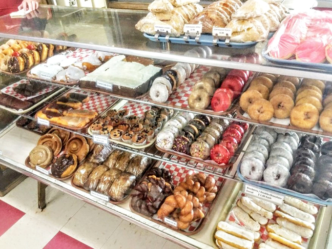 A rainbow of rings! This counter display is proof that donuts are nature's most perfect food group.