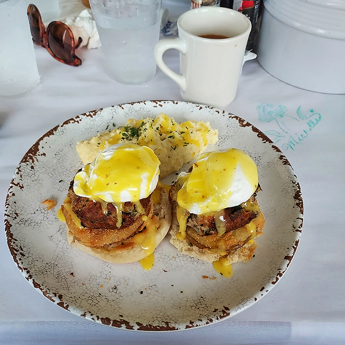 Eggs Benedict, Southern style! It's like your favorite brunch dish went on a beach vacation and came back with a tan and a new attitude.