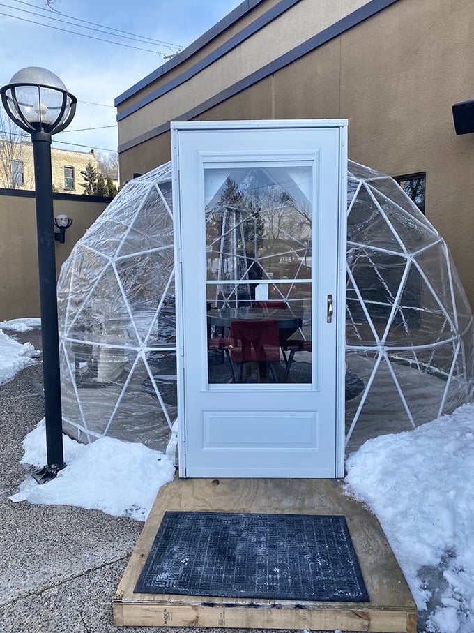 Winter dining, space-age style. These igloos are like dining in a snow globe, minus the shaking and with much better temperature control.