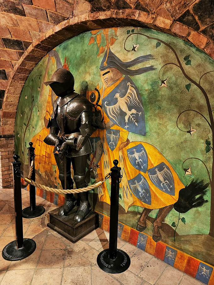 Sir Lancelot, is that you? This knight stands guard, ensuring no drop of wine goes unprotected. Truly a noble cause!