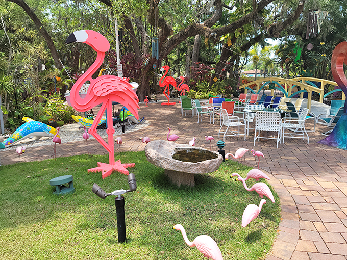 Flamingo beach party, anyone? This outdoor area is what happens when Florida decides to throw a soir&eacute;e. Pink drinks are definitely on the menu!