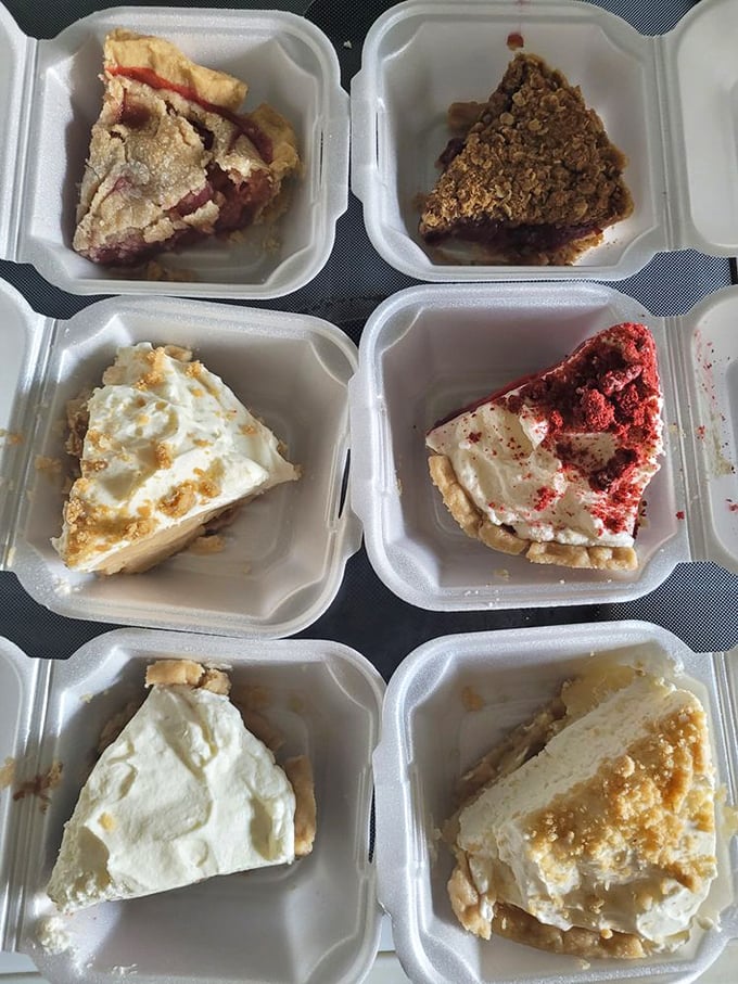 Pie sampler heaven! It's like a flavor festival in takeout form &ndash; perfect for indecisive dessert lovers everywhere.