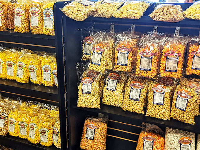 Popcorn paradise! From classic butter to flavors that'll make your tongue do backflips, it's like a circus for your mouth.
