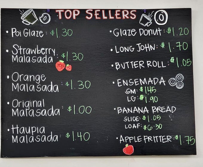 The wall of fame! This top sellers list reads like a who's who of the donut world. Time to start checking them off, one delicious bite at a time.