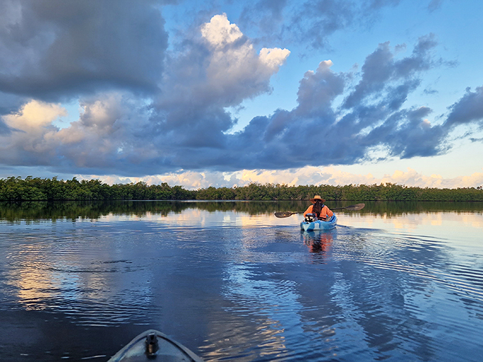 Sunset kayaking: because why should birds have all the fun at golden hour? It's like Venice, but with more gators and fewer gondolas.