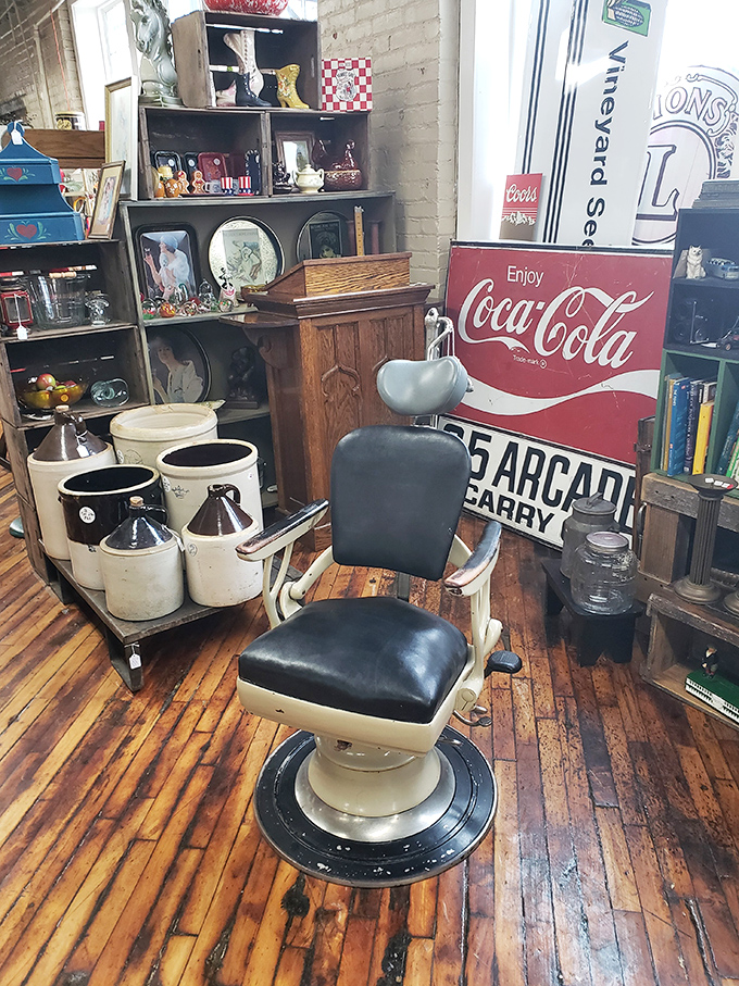 A cut above the rest! This vintage barber's chair isn't just a seat&mdash;it's a throne of nostalgia, ready to transport you to simpler times.
