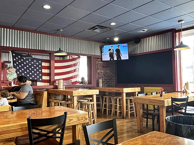 Stars and stripes and smoky delights! Rudy's dining area serves up a slice of Americana with every plate of barbecue bliss.