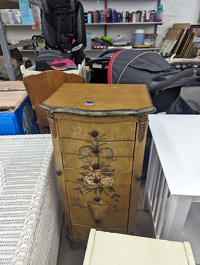Furniture with stories to tell! This golden chest of drawers looks like it came straight from a fairy tale castle yard sale. Who knows what magical items it once held?