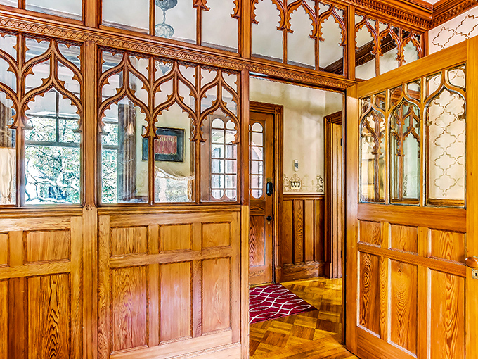 Intricate woodwork that's a feast for the eyes. It's like the mansion equivalent of a really fancy hat.