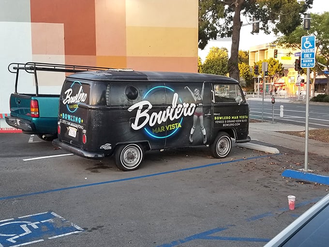Even the parking lot screams retro cool! This vintage van is ready to take you on a magical mystery tour of bowling fun.