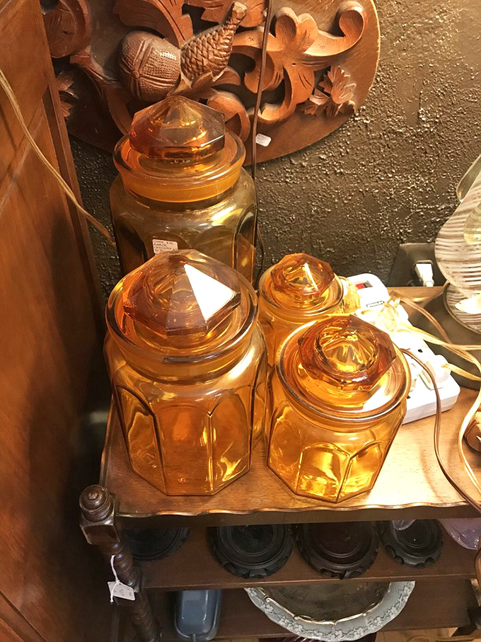 Amber waves of storage! These vintage glass canisters are like honey-hued time capsules, ready to preserve your pantry in style.
