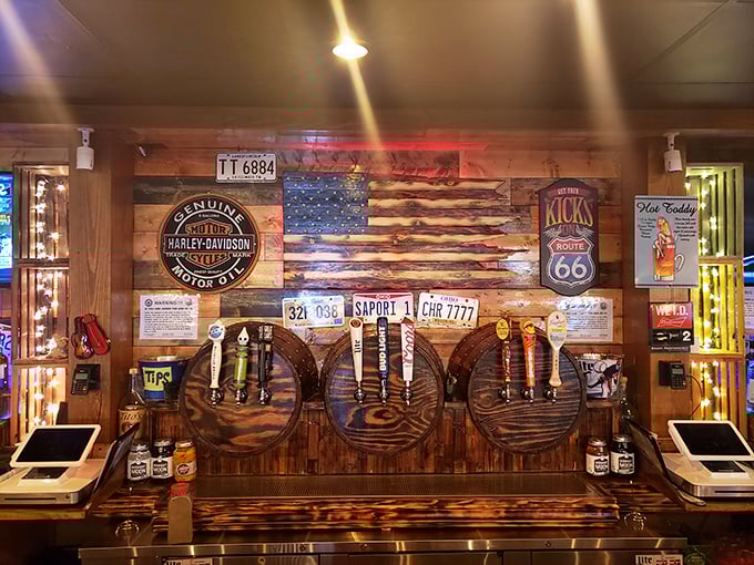 Wall art that tells a story of roads traveled, beers enjoyed, and meals savored. It's like a scrapbook of American cuisine.