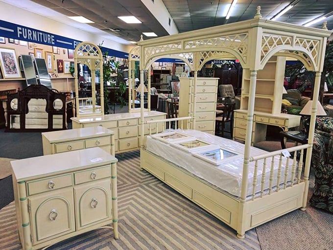 Sleeping Beauty's dream come true! This canopy bed set is begging for fairy tale naps and breakfast-in-bed Sundays.