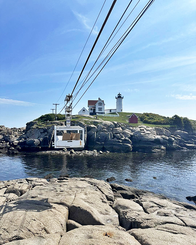 Nubble's unconventional "ferry" service. It's like a ski lift met a fishing boat and decided to have an adventure.