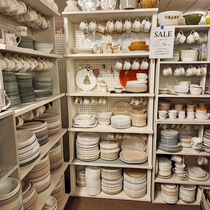 China patterns galore! This dish display is serving up nostalgia with a side of "I remember Grandma having that set!"