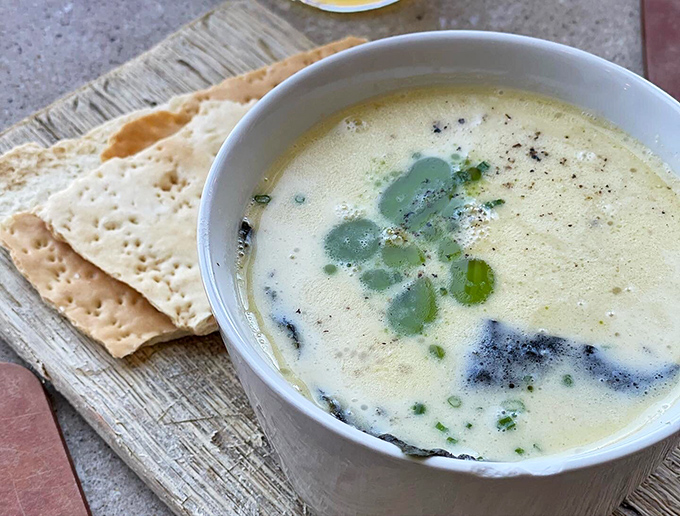 Clam chowder reinvented! This isn't your grandma's recipe - unless your grandma was a cutting-edge chef with a flair for the dramatic.