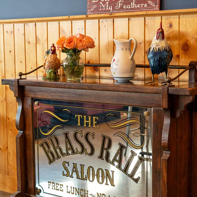 Fowl play at its finest! The Brass Rail's decor celebrates its poultry prowess with a wink and a cluck.