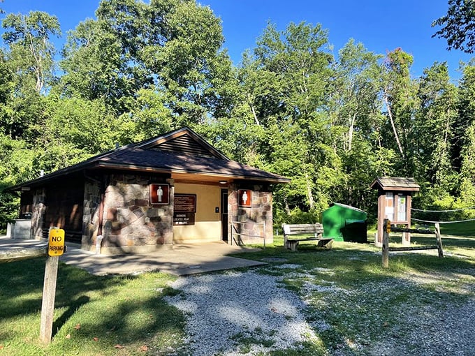 Rustic charm meets modern convenience. It's like a log cabin and a restroom had a baby, and it's adorable.