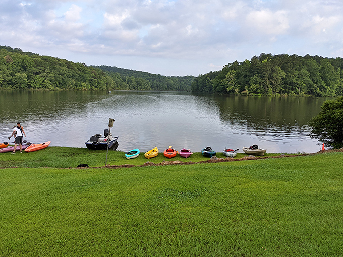 Row, row, row your boat… or kayak… or canoe. This colorful flotilla is ready to turn the lake into a watery rainbow road.