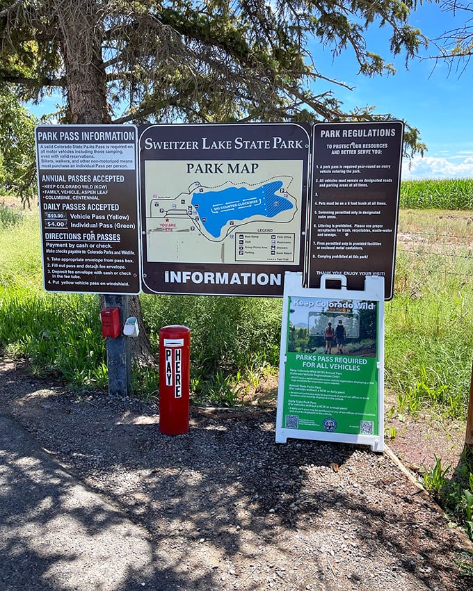 Navigation station: This info board is like GPS for park explorers. Who needs Google Maps when you've got this trusty guide to Sweitzer's wonders?