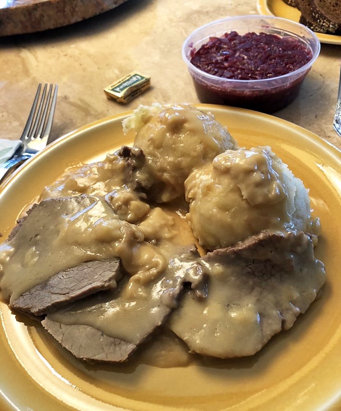 Sauerbraten: where tender beef meets tangy gravy in a dance of flavors. It's comfort food that hugs your taste buds auf Deutsch.