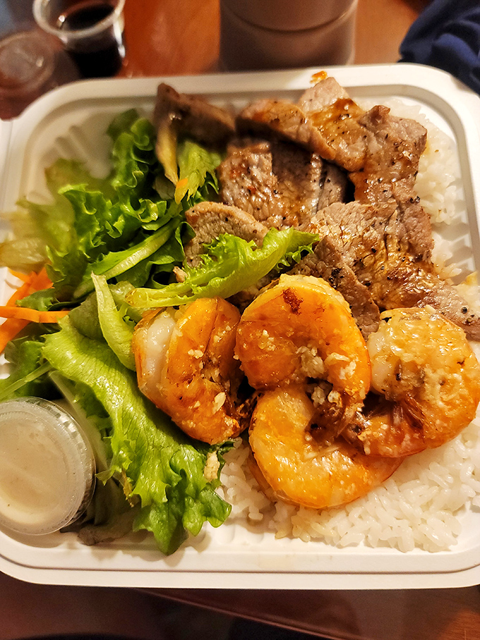 Surf and turf, island style! This shrimp and steak bowl is what happens when the ocean and land become best friends.