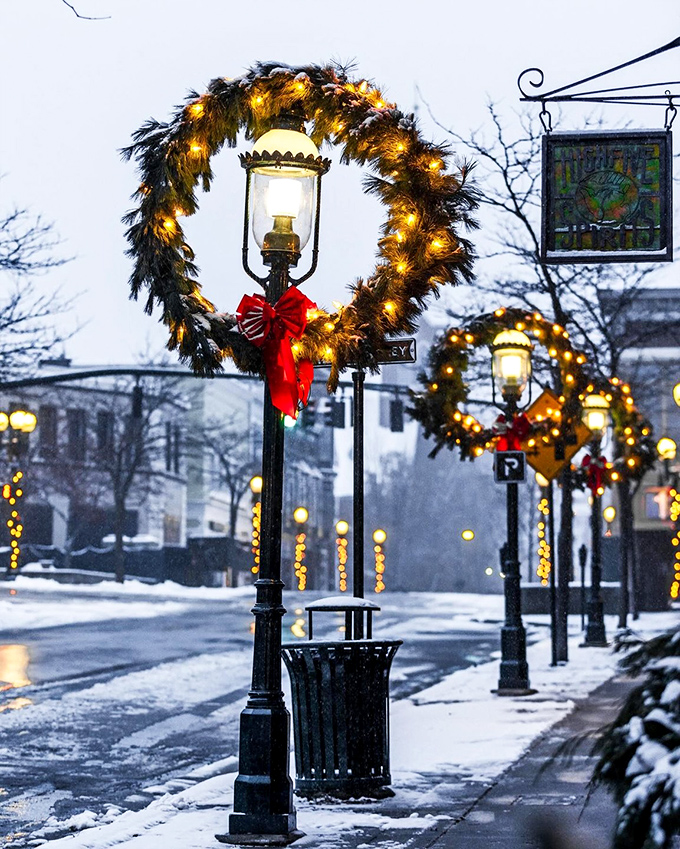 Festive street lamps: Petoskey's downtown gets dolled up for the holidays. These wreaths are so perfect, they'd make Martha Stewart green with envy.