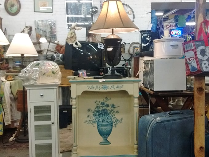 Antique alley or time machine? This corner is a portal to yesteryear, where vintage charm meets modern bargain hunting. That lamp has stories to tell!