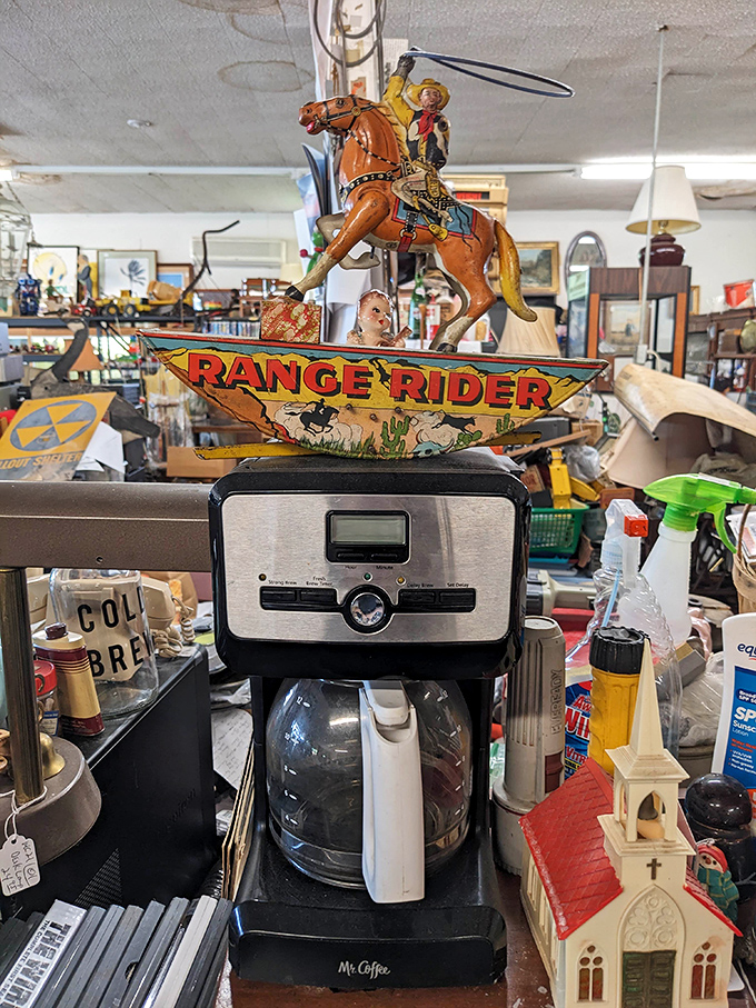 Wake up and smell the history! This vintage coffee maker and "Range Rider" toy are serving up a steaming cup of Americana.