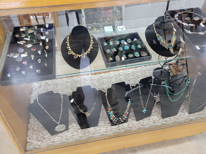 A treasure trove of turquoise! This display case is like raiding a fashionable cowgirl's jewelry box.