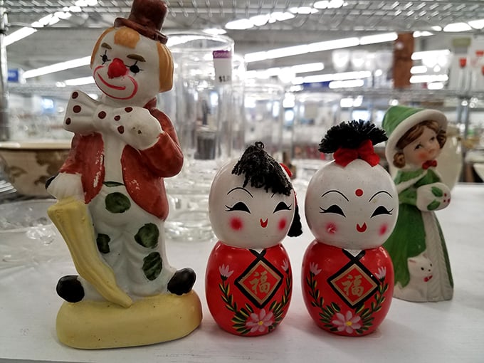 A motley crew of miniatures! From clowns to geishas, these figurines are ready to start their own tiny, eclectic book club.