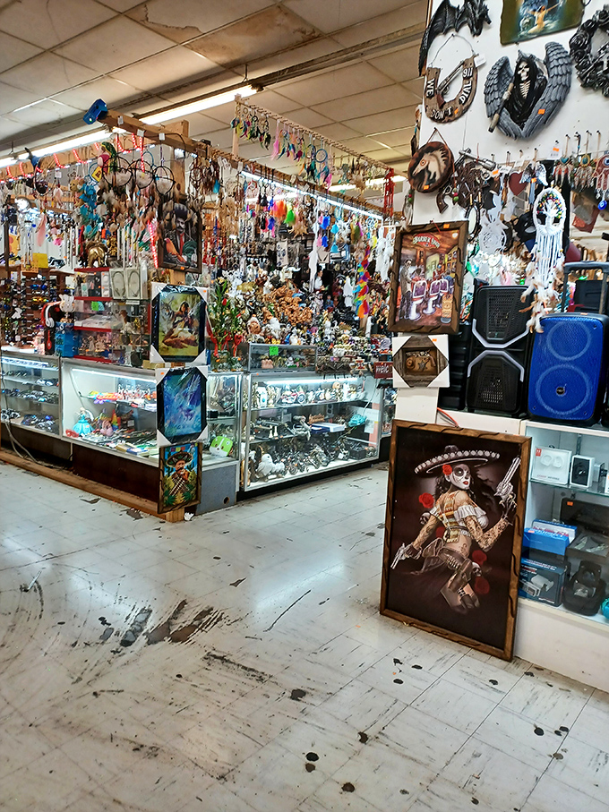 It's a small world after all! This booth is a globe-trotter's dream, featuring dreamcatchers, Day of the Dead art, and enough tchotchkes to fill a suitcase.