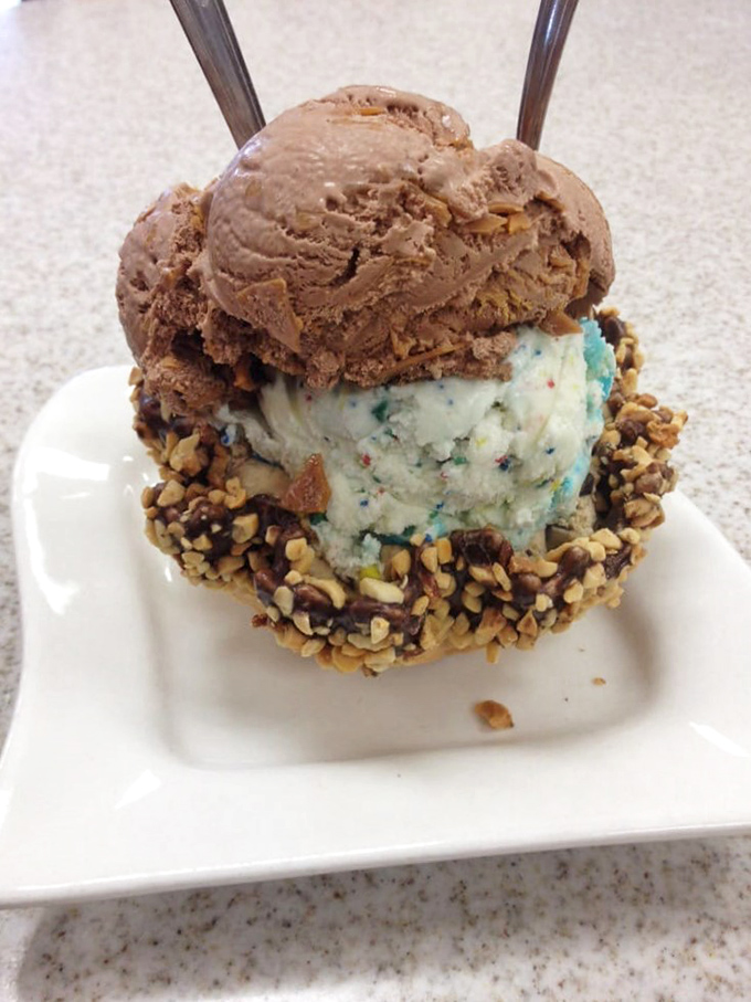 Ice cream Jenga, anyone? This towering treat is a delicious balancing act of flavors. Eat quickly before gravity wins!