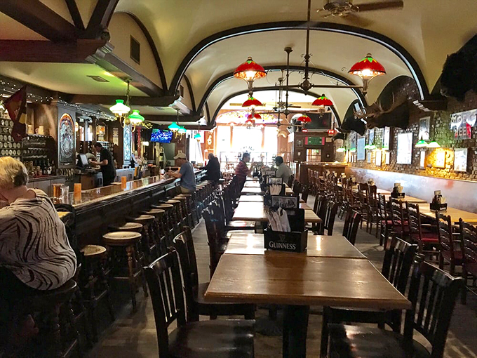 Arched ceilings, gleaming bar tops, and endless rows of stools. It's not just a bar; it's a cathedral dedicated to good times and great brews.